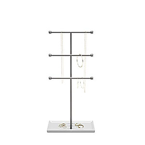 Umbra Trigem Hanging Jewelry Organizer Tiered Tabletop Free Standing Necklace Holder Display, 3, White/Nickel