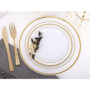 Ciaell 250PCS White and Gold Plastic Plates - Gold Disposable Plastic Plates Sets include 50Plates, 25Knives, 25Forks, 25Spoons, 25Mini Fork, 25 Cups, 25Paper Straws, 50Napkins for Thanksgiving, Party