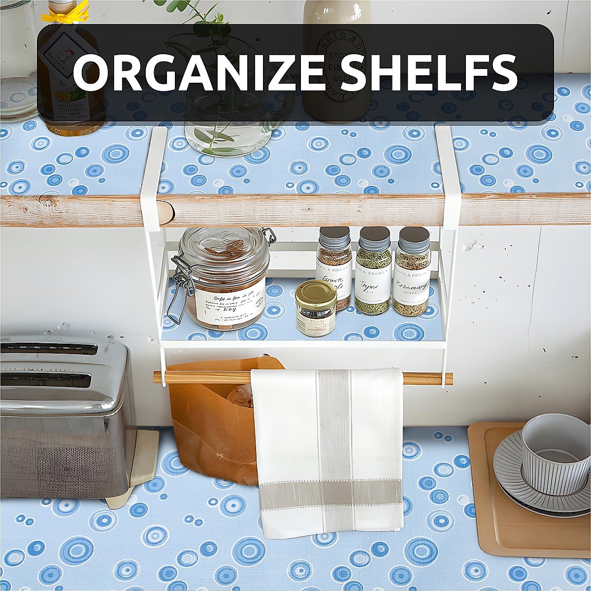 FIFTY FEET 12X120 Inch Shelf Liner for Kitchen Cabinets, PVC Drawer Liner for Dresser Non-Slip Bathroom, Non-Adhesive Cabinet Liner Washable (Blue Bubble)(1 Roll)