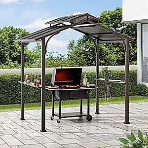 Sunjoy Grill Gazebo 5 ft. x 8 ft. Brown Steel Frame Double Tiered Hardtop Gazebo with Ceiling Hook and Bar Shelves