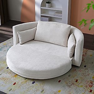 EXZLFA Oversized Round Foldable Sofa Sleeper Chair Bed， Fold Out Lazy Floor Recliner Convertible Two Layer Upholstered Wide Seat Couch with 3 Pillows for Living Room Bedroom Guest Room (Beige)