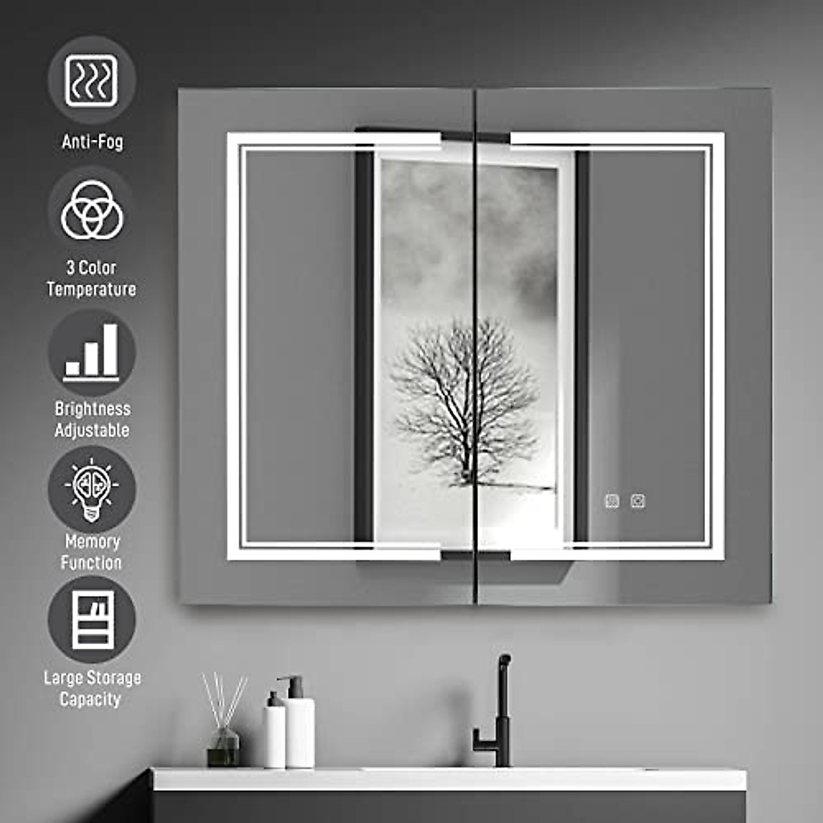 FCH Bathroom Medicine Cabinet with Dimmable LED Mirror, 32"×28" Anti-Fog LED Lighted Mirror Bathroom Cabinet Wall Mounted with 2 Outlets 2 USB Ports 2 Inside and Outside Mirror Doors