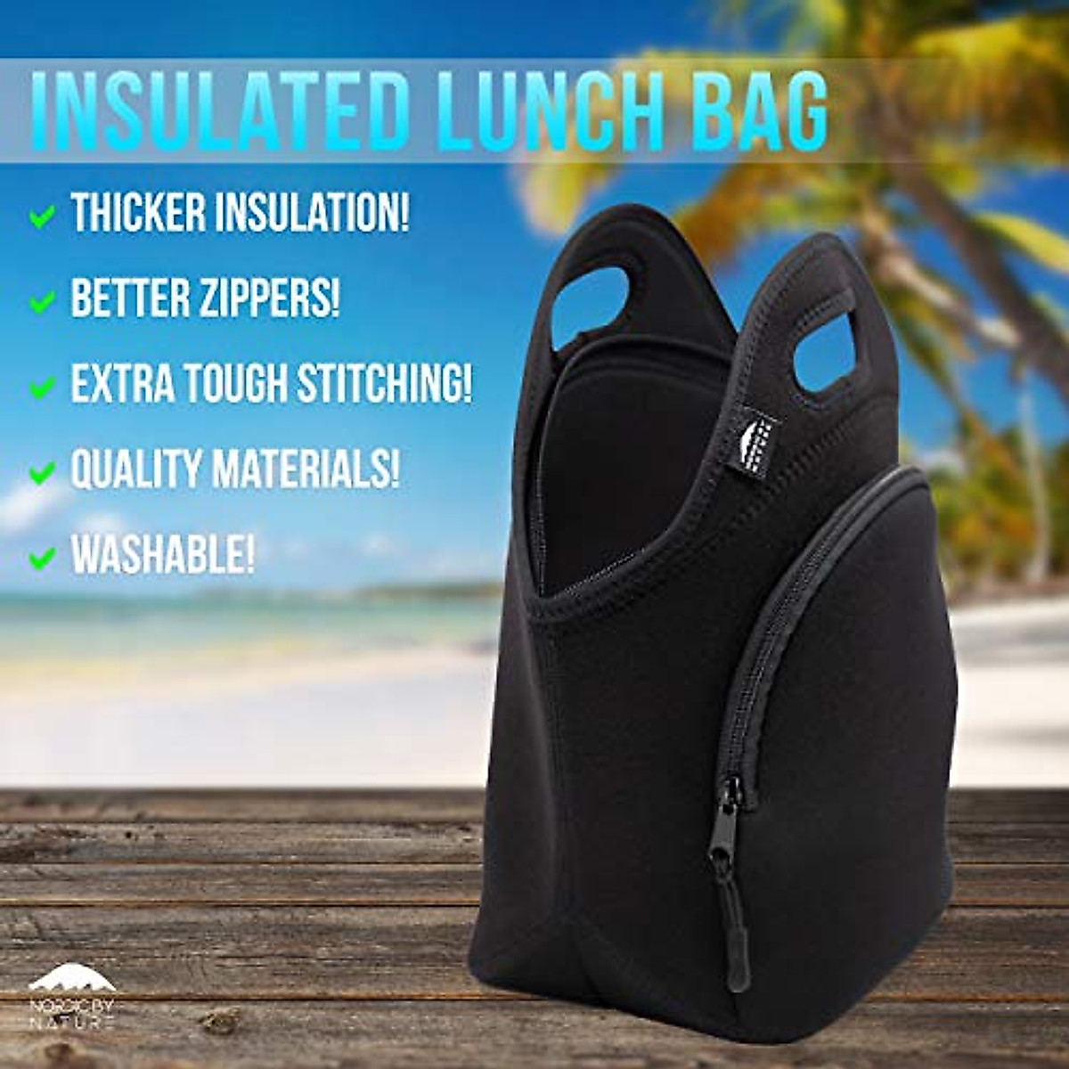 Nordic By Nature Large Neoprene Lunch Bag for Women & Lunch tote for Kids Insulated Lunch bag Reusable Washable Extra Thick Neoprene & Soft Cotton Feel, Premium Stitching, Outside Pocket, (L) Black