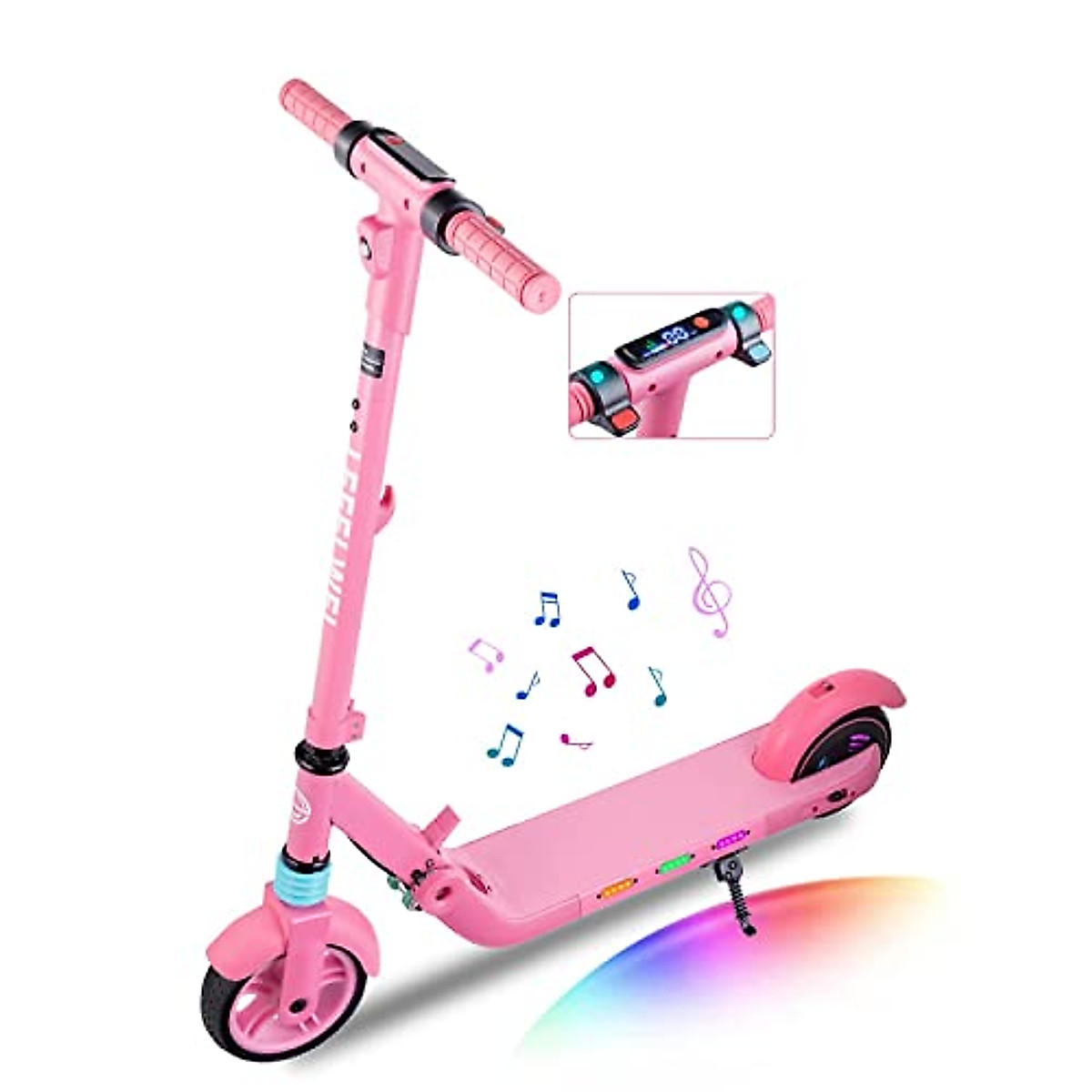 Electric Scooter for Kids Ages 6-12, Colorful Rainbow Lights, Bluetooth Music Speaker, LED Display and Adjustable Speed, Foldable E-Scooter for Kids Girls Boys, Ideal Gift for Children (Pink)