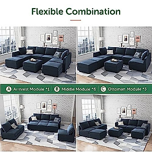 HONBAY Modular Sectional Sofa Set Oversized U Shaped Couch with Storage Ottoman Convertible Sleeper Sectional Sofa Velvet Modular Couch with Wide Chaise, Dark Blue