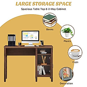 Tangkula Computer Desk with Storage Cabinet, Rustic Wooden Writing Desk Study Desk with Metal Handle, Compact Computer Desk Workstation Laptop PC Desk for Home Office, Walnut