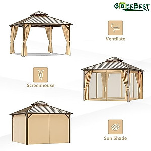 GAZEBEST 12'x12' Hardtop Gazebo, Outdoor Aluminum Patio Gazebo Double Roof Galvanized Steel Canopy with Netting and Curtains,for Garden Patio, Backyard, Deck and Lawns.