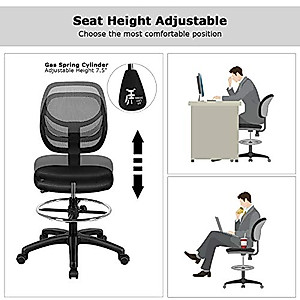 Giantex Mesh Drafting Chair, Standing Desk Chair w/Footrest Ring, Adjustable Height Chair Mid Back Tall Office Chair for Home Office, Black