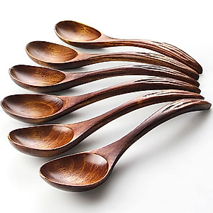 IQCWOOD Wooden Soup Spoons, Magic Spoon, Wooden Spoons for Eating, 6 Pieces 6.8 inch Asian Soup Spoon, Magic Spoon for Salad Desserts, Coffee, Snacks, Cereal, and Fruit