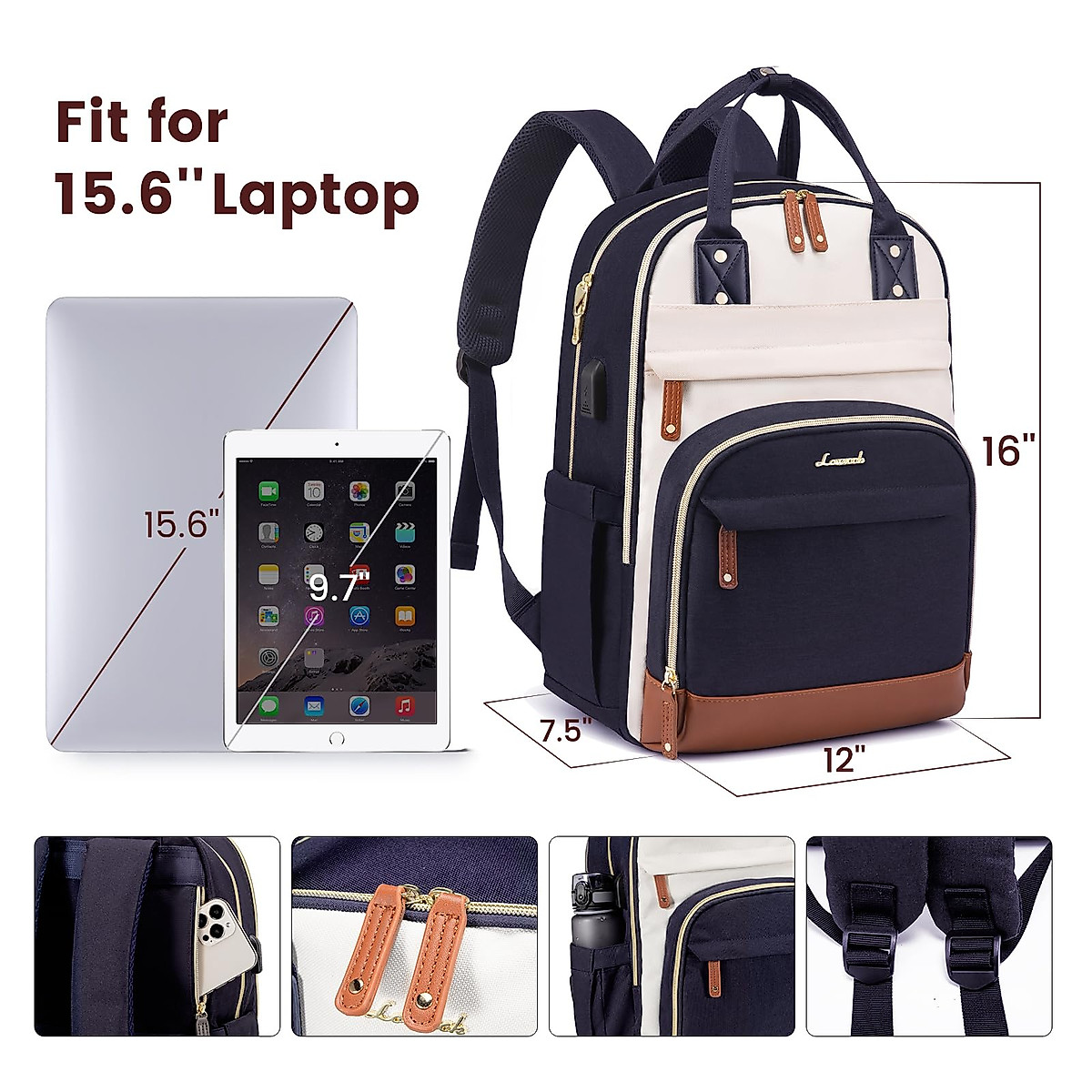 LOVEVOOK Laptop Backpack for Women, Fits 15.6 Inch Laptop Bag, Fashion Travel Work Anti-theft Bag, Business Computer Waterproof Backpack Purse, Backpacks, Beige-Blue-Brown