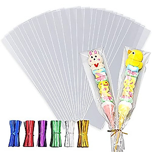 LEOSINDA 100pcs 3 X 11 Clear Long Flat Gift Wrap Cellophane Bags Cookie Bags with 6 Mix Colors Twist Ties Cello Goodie Treat Bags Bakery Party favor Packaging 1.3mil…