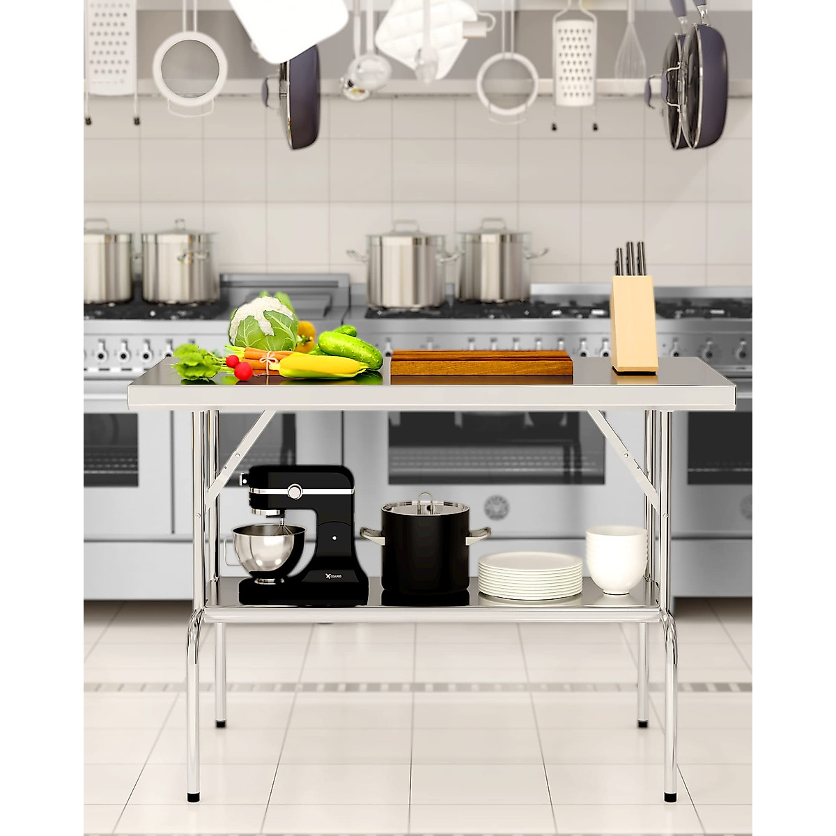 Garvee Stainless Steel Folding Table 48" x 24" with Undershelf, [NSF Certified][Heavy Duty] Commercial Kitchen Prep Table for Home, Restaurant, Hotel
