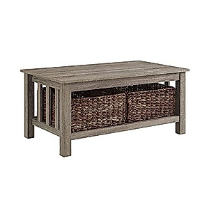 Walker Edison Alayna Mission Style Two Tier Coffee Table with Rattan Storage Baskets, 40 Inch, Driftwood