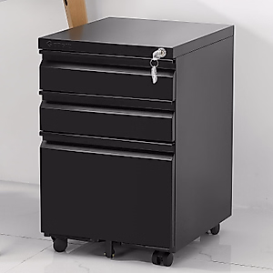 GOOGIC 3-Drawer Mobile File Cabinets Rolling Metal Filing Cabinet for Legal & Letter File Anti-tilt Design with Lock Under Desk Office Drawers Fully Assembled Except Casters Black