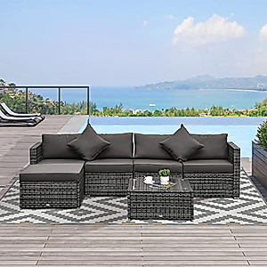 Outsunny 6 Pieces Patio Furniture Sets Outdoor Wicker Conversation Sets All Weather PE Rattan Sectional Sofa Set with Ottoman, Cushions & Tempered Glass Desktop, Charcoal