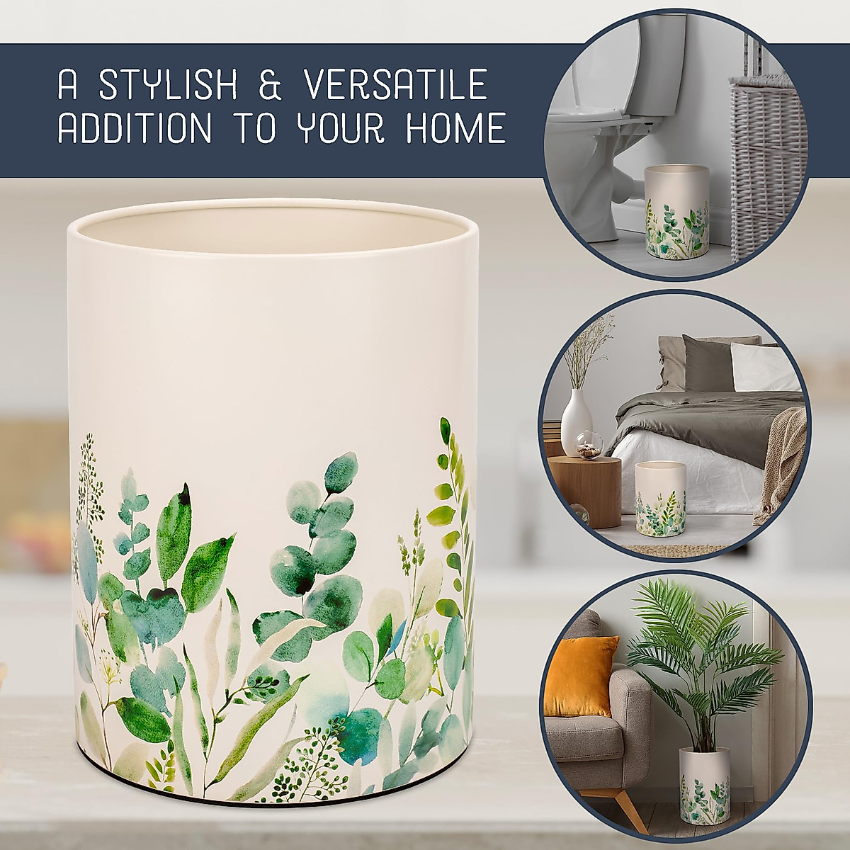 NAT AND JULES Round 9.5 x 8 Iron Metal Bathroom Trash Can Wastebasket Home Office Bedroom Fits 2.25 Gallon Trash Bag Liner, Floral