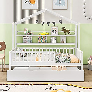 Merax Wood Twin Montessori Bed Frame with Twin Trundle/Book Shelf Low Sofa Daybed for Boys Girls No Box Spring Needed White