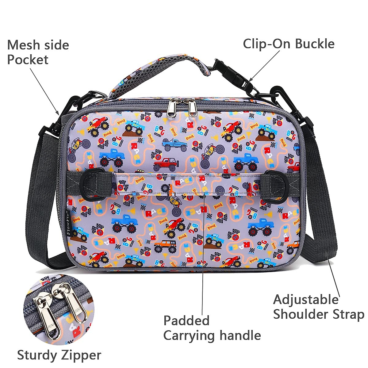 FlowFly Kids Lunch Bag, Durable Insulated School Lunch Box with Shoulder Strap and Bottle Holder, Water-resistant Thermal Small Lunch Cooler Tote for Teen Boys & Girls,Truck