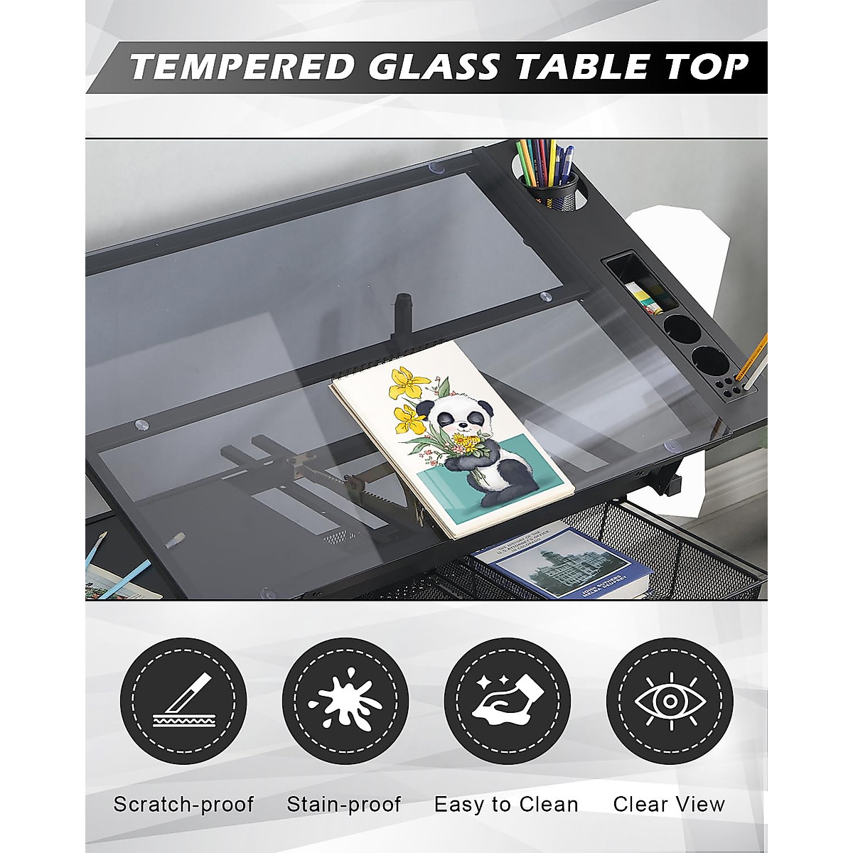 LifeSky Adjustable Drafting Table for Artists - Drawing Table with Storage for Artwork - Glass Art Desk with Drawers for Artists Painters Illustrators Cartoonists