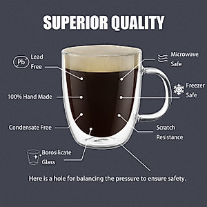 PunPun Bundle: 17oz Large Clear Coffee Mugs (Set of 2) & 8.5oz Shot Glass Coffee Cups (Set of 2) & 2.7oz Tea Cups (Set of 4) Double Wall Designed Glass Cups