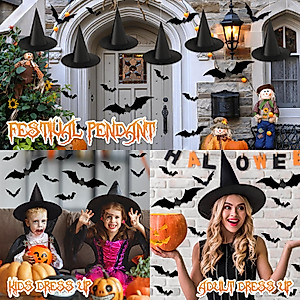 JMUQ 6 PCS Black Halloween Witch Hats with 3D Bats Stickers, Hanging Witch Hats for Halloween Indoor Outdoor Yard Decor Party Decorations Wizard Hats
