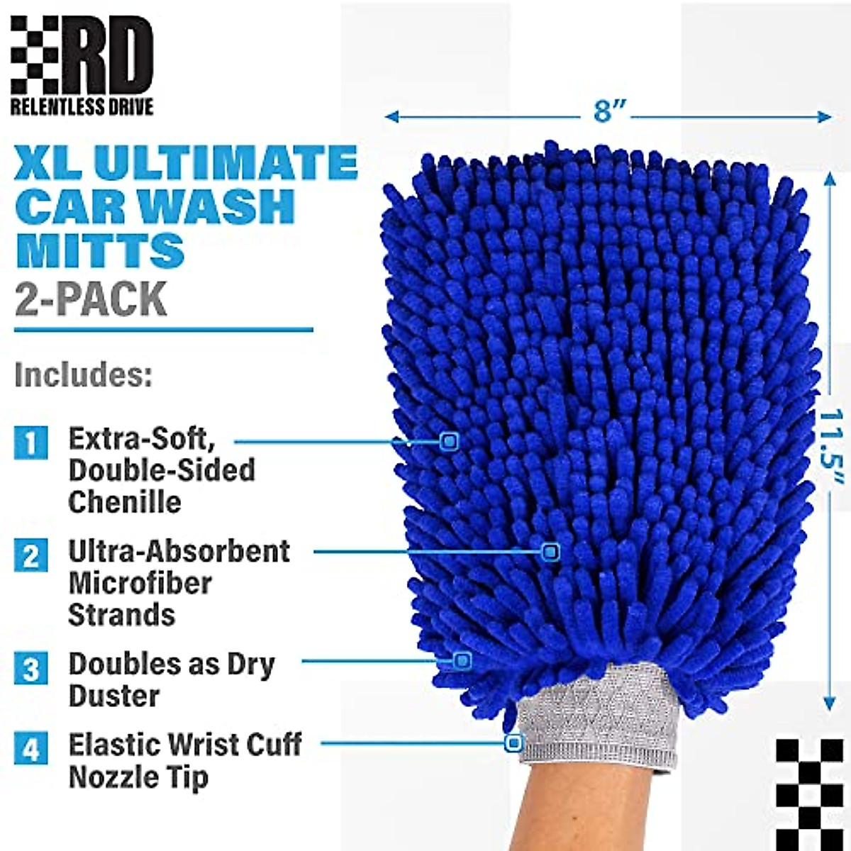 Relentless Drive Premium Car Wash Mitt (2-pack, Extra Large) - Car Wash Sponge - Chenille Microfiber Car Wash Mitt Scratch Free - Ultra Absorbent Microfiber Mitt for Cars, Trucks, SUVs, Boats & Motorcycles