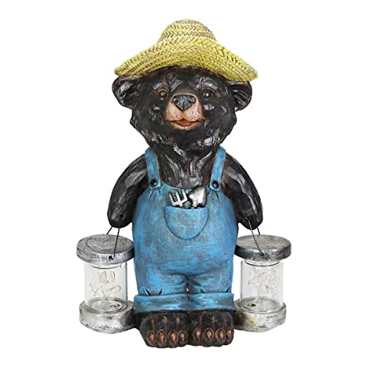 Exhart Garden Sculpture, Farmhouse Black Bear Solar Garden Statue with Glass Jars, LED Firefly Lights, Outdoor Garden Decoration, 12.5 Inch