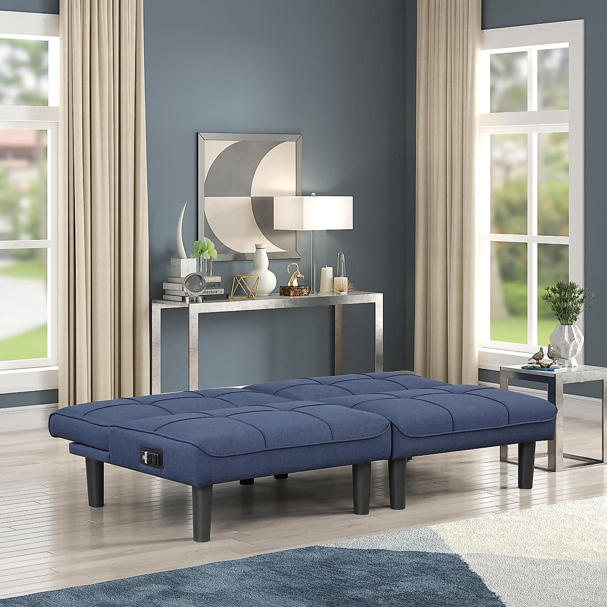 KAIRUITUCH 3-in-1 Convertible Futon Sofa Bed Twin, Loveseat Futon Couch Daybed with Folding Adjustable Backless, 2 Piece Small Futon Couch Chairs for Living Room, Apartment, Blue Fabric 306BL1-2PCS