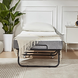 MELLCOM Folding Bed with Mattress,Portable Rollaway Guest Bed for Adults with 5 Inch Foam Mattress,Single Cot Size Foldable Bed with Metal Frame&Bed Side Pocket,75” x 31”