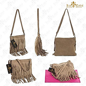 LiaTalia Womens Fringe Handbag - Real Italian Suede Leather - Cross-Body Messenger Bag (SmallMini Size) - ASHLEY [Navy]