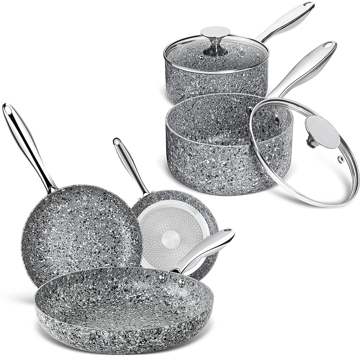 MICHELANGELO Saucepan Set with Lid, Nonstick 1Qt & 2Qt Nonstick Sauce Pan Set with Lid, Small Pot with Lid, Nonstick Granite Saucepan Set, with Stone Frying Pans Set 8/9.5/11 inch