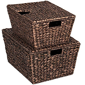 Manoch 2 Pieces Set Hand Woven Water Hyacinth Wicker Baskets Storage Organizer Bins Handles Large Basket Dimensions: 21.5"(L) x 13.5"(W) x 10"(H) Small Basket: 18"(L) x 12"(W) x 8"(H)