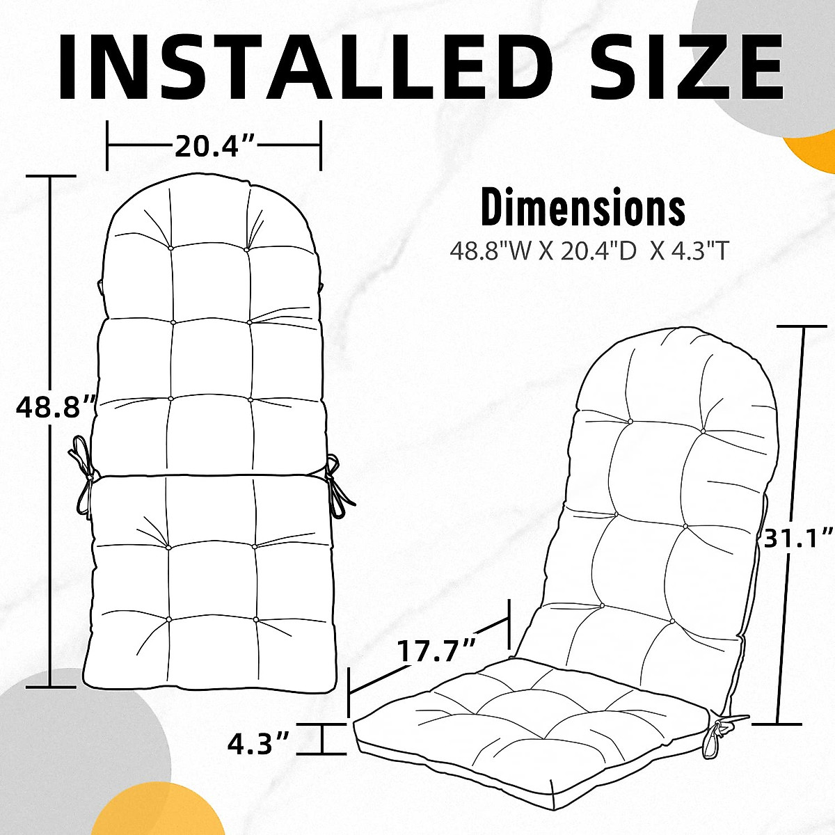 FILUXE Adirondack & Rocking Chair Cushion, High Back Patio Cushions - Waterproof Solid Tufted Pillow, Indoor/Outdoor Pads with Ties, Fade-Resistant & Seasonal All Weather Replacement (Deep Gray, 2)