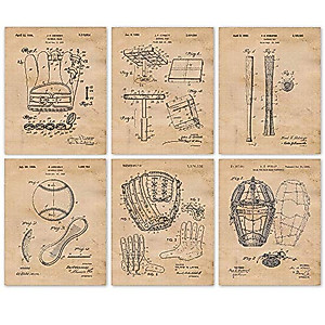 Vintage Baseball Patent Prints, 6 (8x10) Unframed Photos, Wall Art Decor Gifts Under 25 for Home Office Garage School Gym College Man Cave Student Teacher Coach Champion Team Sports League Fans