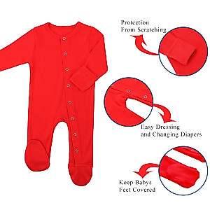 KISBINI Baby Footed Pajamas with Mitten Cuffs Unisex Cotton Snap-up Romper Jumpsuit Sleep and Play 0-12 Months Footies