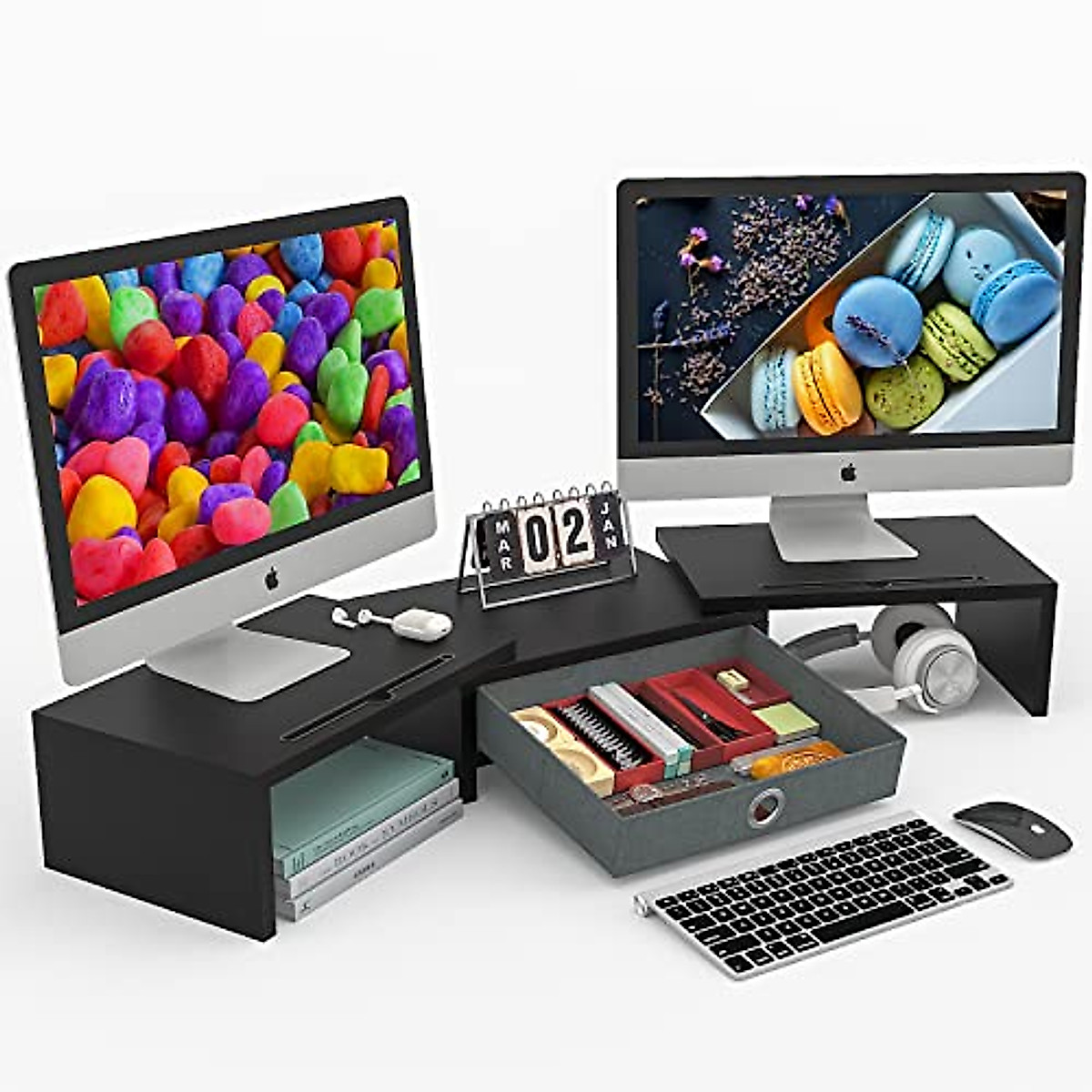 ORLALAR Dual Computer Monitor Stand with Drawer, Office Supplies Desktop Organizer Stand 3 Shelf Monitor Riser with Adjustable Length and Angle, Home Office Desk Accessories, Black