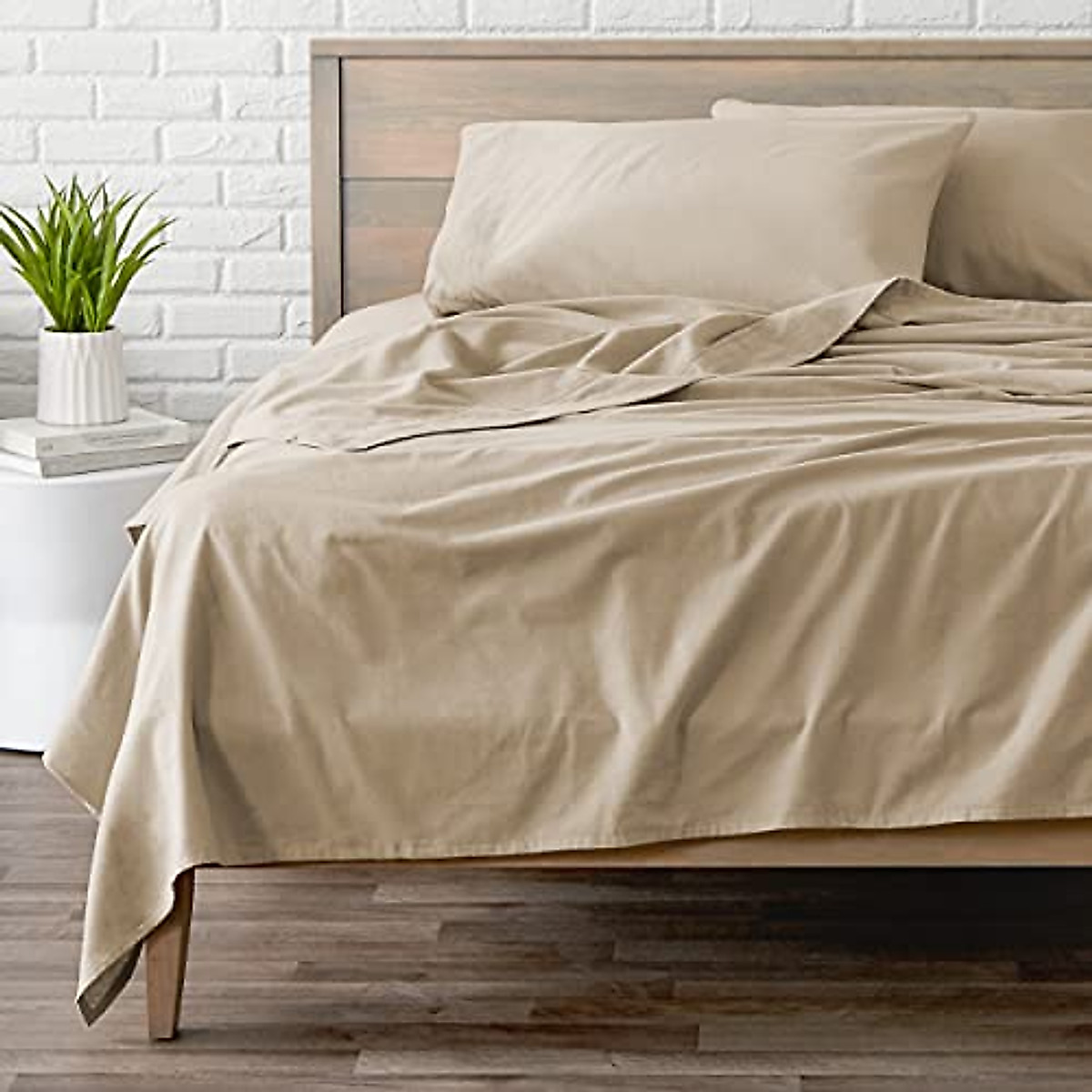 Bare Home Flannel Sheet Set 100% Cotton, Velvety Soft Heavyweight - Double Brushed Flannel - Deep Pocket (Queen, Sand)