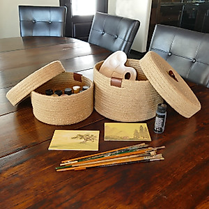 7Penn Jute Baskets - 2pc Round Decorative Natural Jute Rope Woven Storage Basket Set with Lids and Leather Tab Handle
