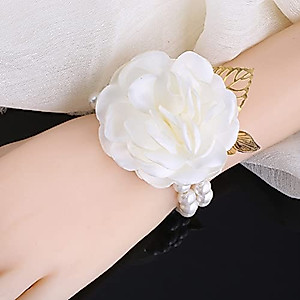 Gkvszy Ivory Boutonniere and Corsage Set for Groom Groomsmen Man Suit and Bride Bridesmaid Artificial Rose Flower Corsage Wristlet for Wedding Homecoming Prom Party Ivory