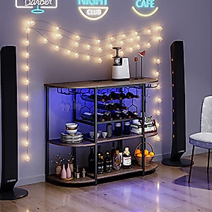 Logianis Wine Rack Table with Outlet and LED Light 47.3 Inch FreeStanding Wine Bar Rack Wooden Rustic Wine Storage with Wine Shelf and Glass Holder Wine Bar Cabinet Rustic Brown