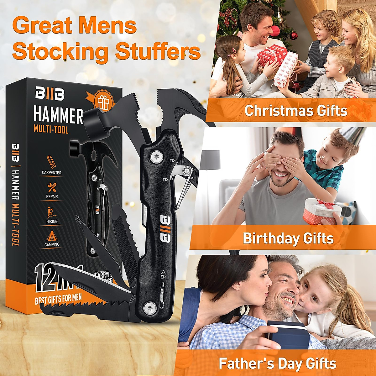 BIIB Camping Accessories 12 in 1 Hammer Multitool, Cool Stuff Gifts for Men, Fathers Gifts Tools Gadgets for Men, Birthday Gifts for Men, Camping Gear Gifts for Dad, Husband, Boyfriend, Grandpa