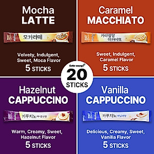 CUTIE MANGO Maxim Variety 20 Sticks Single Serve Premium Korean Instant Coffee Cappuccino Vanilla &Hazelnut Mocha Latte, Caramel Macchiato, 4 Flavors Packs Sampler Easy Cut (5 Sticks Each)