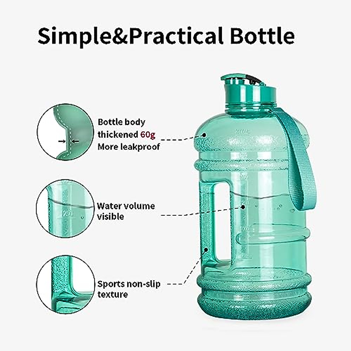 TOOFEEL 2 Liter Water Bottles - Half Gallon Water Bottle BPA Free - Ideal for Gym, Big Water Jug, Reusable Sports Bottle with Measurements Marked Drink Container - 2.2L 74oz Mint Green Water Bottle