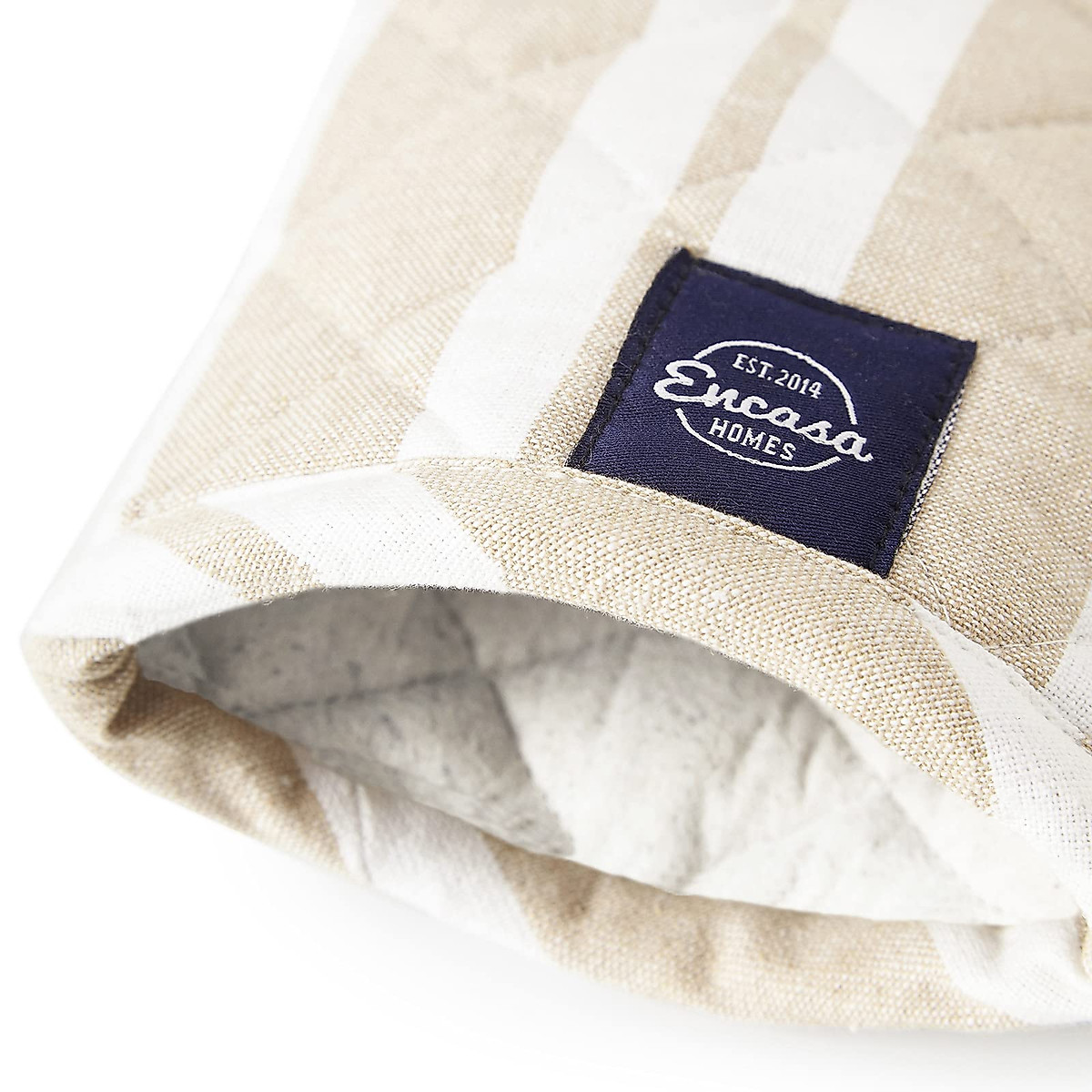 Encasa Homes Long 14 inch Oven Microwave Hand Gloves Mitts (2 pc Set) for Kitchen Cooking & Baking - Heat Resistant, Thick & Safe, Protection of Hands from Hot Utensils - Franca Beige Stripes