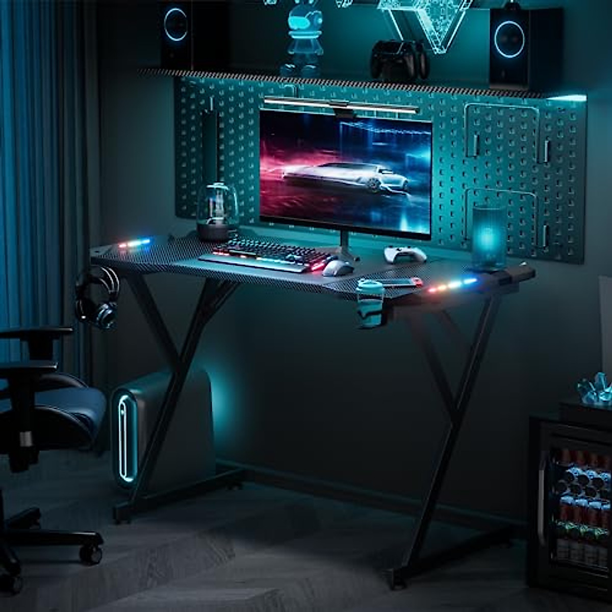 HLDIRECT 47 Inch Gaming Desk with LED Lights, Ergonomic Computer Gaming Table with Carbon Fibre Surface, Sturdy PC Workstation Desk for Gaming and Home Office with Headphone Hook, Cup Holder, Black
