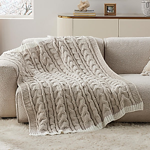 Bedsure Cable Knitted Throw Blanket for Couch, Chenille Chunky Knit Throw Blanket - Soft and Cozy Linen Throw Blanket for Winter, Throw (50" x 60")
