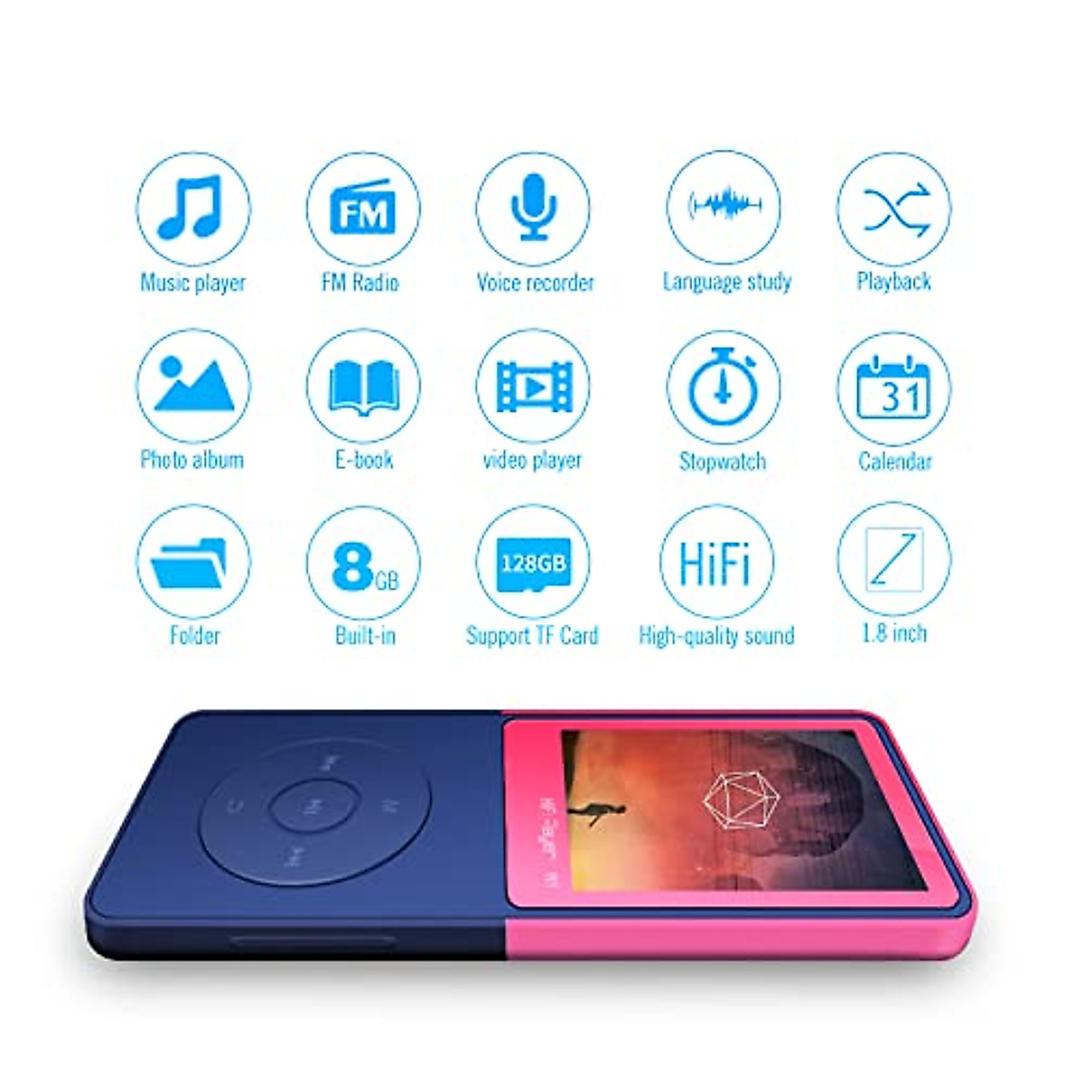 MP3 Player,MP4 Player with Bluetooth,Voice Recorder,16GB Save 3800 Songs 1.8" Screen HiFi Lossless Sound 30+ Hours Long time Play Support up to 128GB Red