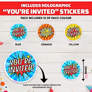 BestaFiesta 36 Kids Childrens Birthday Party Invitations with Folding Envelope Design and Holographic Stickers (Rainbow)