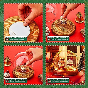 Funtery 4 Pcs 3.54 x 5 in Christmas DIY Clear Glass Dome Keepsake Globe Display Case with Light Wood Base Decorative Snow Globe Kit Plant Terrarium Decor for Women Craft Tabletop Gift (Classic Style)