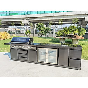 Modular 3 Piece Island Electric and Propane or Natural Gas BBQ Outdoor Black Stainless Steel Grill Kitchen with Double Wine Refrigerator, Sink, Rotisserie, Black Marble Top and FREE Protective Canvas Cover